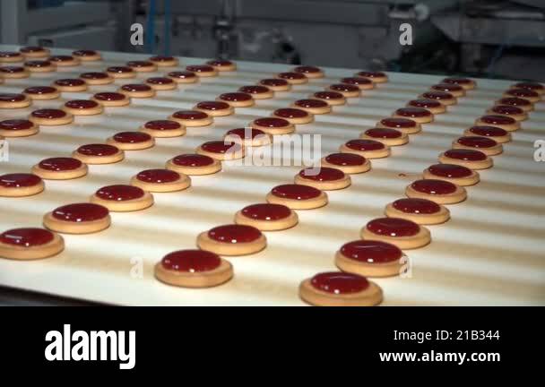 Industrial food factory or bakery, cookies on automated production line ...