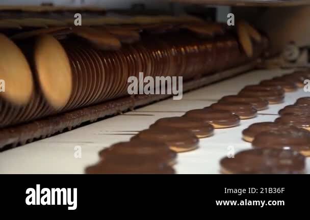 Industrial food factory or bakery, cookies on automated production line ...