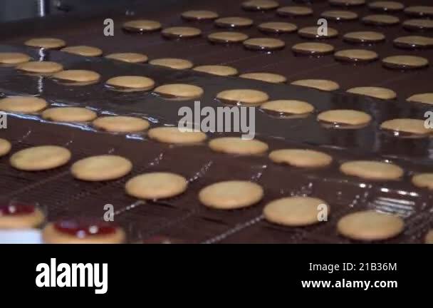 Industrial food factory or bakery, cookies on automated production line ...
