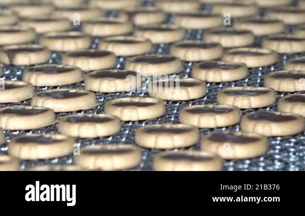 Industrial food factory or bakery, cookies on automated production line ...