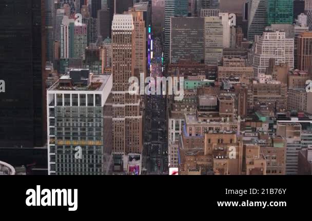 Aerial views capture the lively streets of New York around Times Square ...