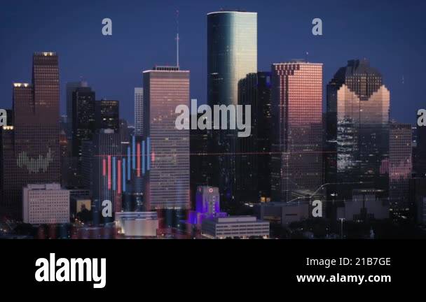 Houston, Texas skyline at night, animated augmented reality financial ...