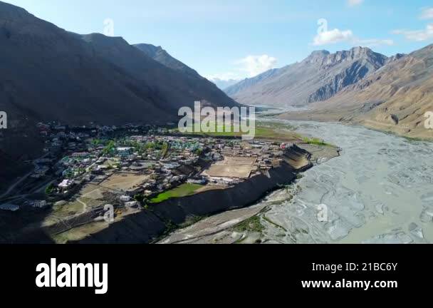 An aerial view of the beautiful kaza town and spiti river in spiti ...
