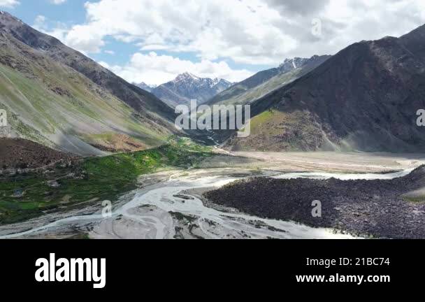 An aerial view of himalayan mountains at darcha near barsi bridge and ...
