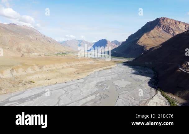 An aerial view of the beautiful kaza town and spiti river in spiti ...