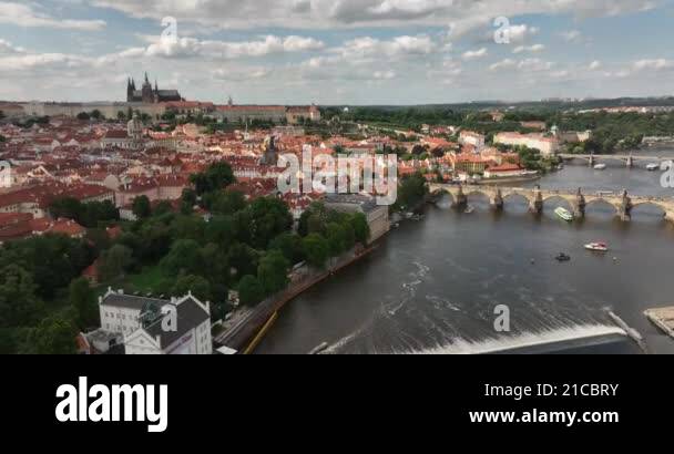 Video footage of aerial view Charles Bridge, Vltava river in Prague, Czech Republic. City ...