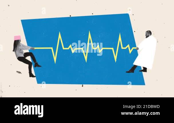 Stop motion. Animated clip. Doctors pulling heart cardiogram, working ...