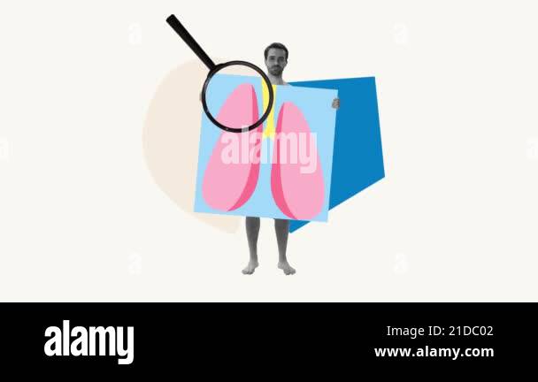 Stop motion. Animated clip. Man holding giant pictue of lungs, having ...