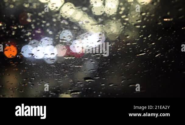 poor visibility on the road in the rain with heavy fog in a traffic jam ...