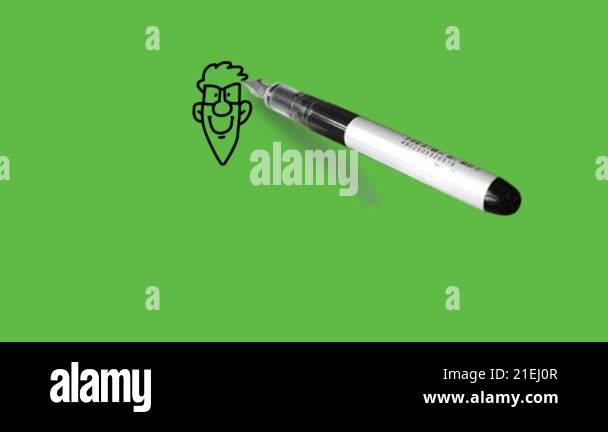 draw young man sit on chair work on printer machine place on table with ...