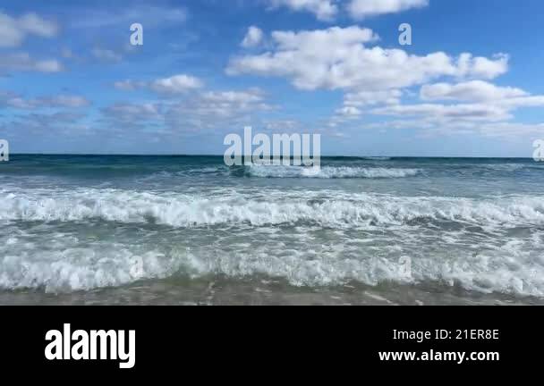 A serene beach scene unfolds under a radiant blue sky with fluffy ...