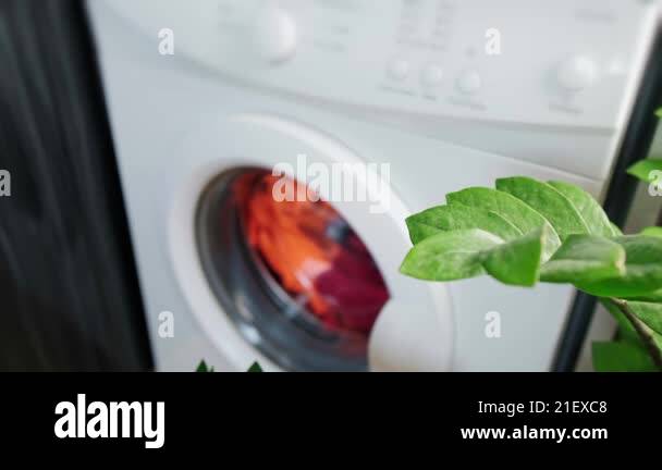 Womans finger pressing washing machine button, doing household chores ...