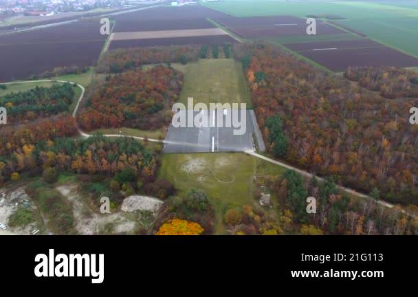 Aerial view of piece of runway at closed airport Flughafen Munchen-Riem ...