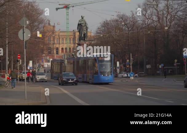 April 20, 2022. Munich, Germany. Tram in Muenchen, blue streetcar in ...