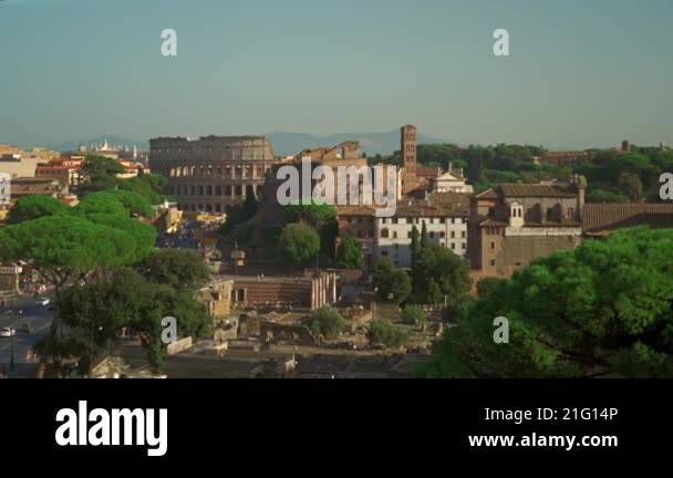 Overhead view of Rome city and coliseum from observation deck Atrio ...