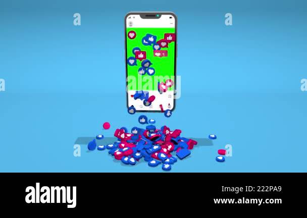 Blue and red LIKE icons popping out of a smartphone's green screen as ...