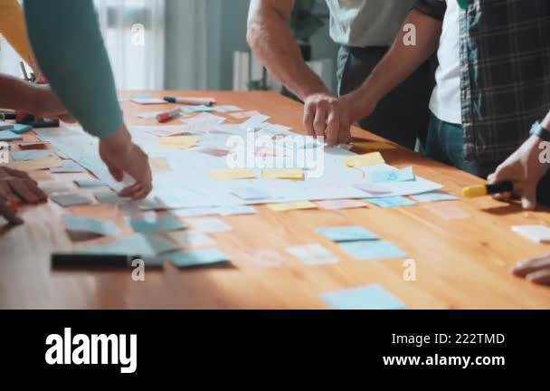 Close up of developer team using mind map to brainstorm idea. Top view of skilled group of ...