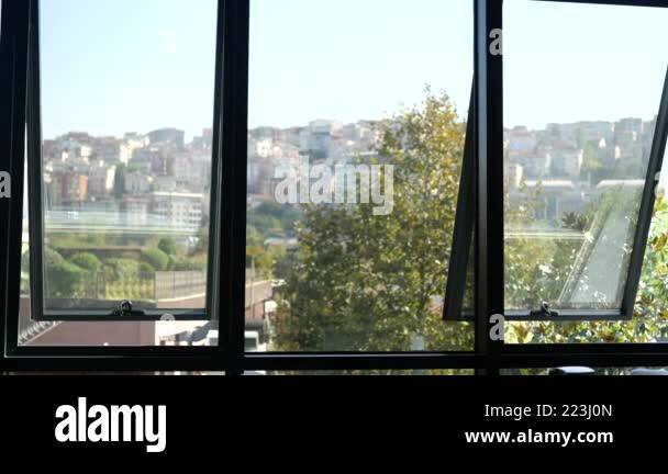 open modern glass window black frame Stock Video Footage - Alamy