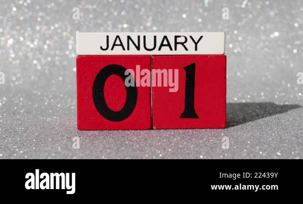 Footage of red blocks with the Date January 1st which is New Years Day ...