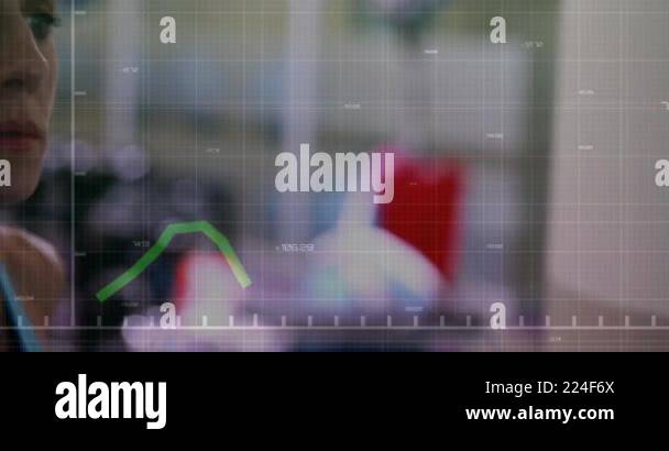 Exercising in gym, woman with green line graph animation overlay ...