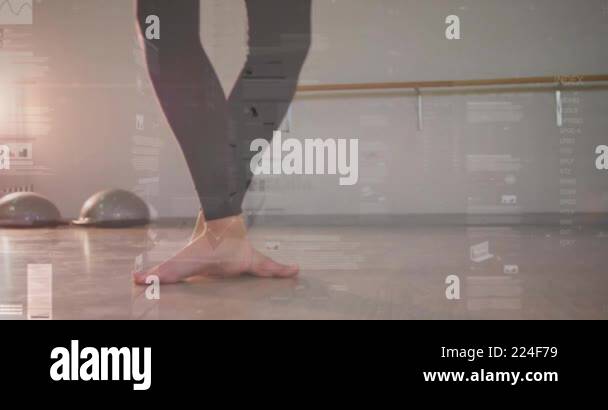 Jumping feet in dance studio with data processing animation in ...