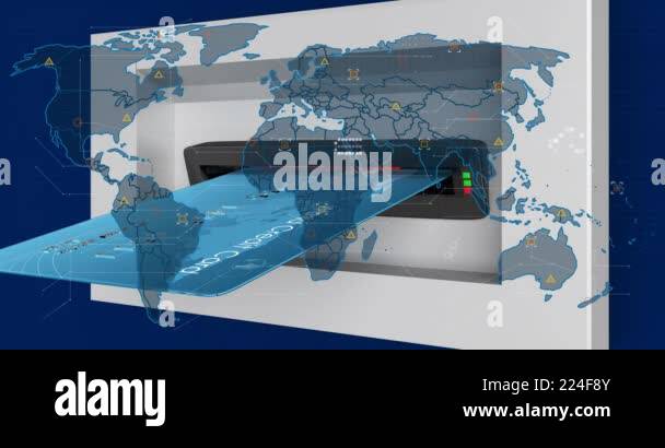 Credit card transaction animation over world map with security icons. Finance, global, network ...