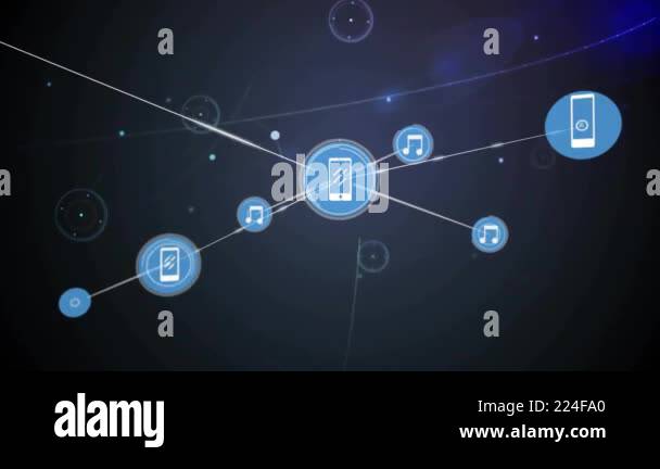 Music and smartphone icons connected by lines, network communication animation. Technology ...