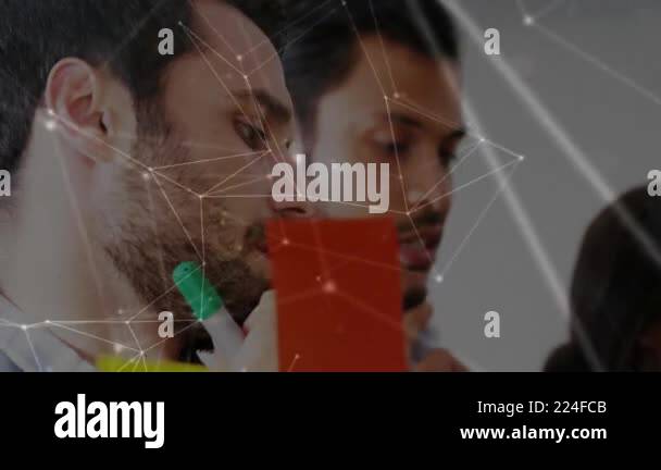 Network of connections animation over diverse people collaborating in ...