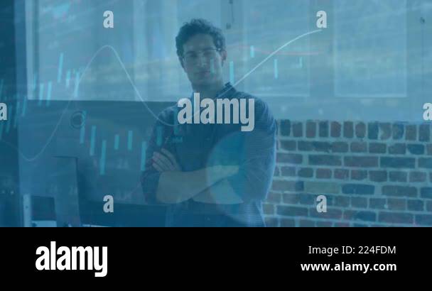 Financial data and stock market animation over man standing with arms ...