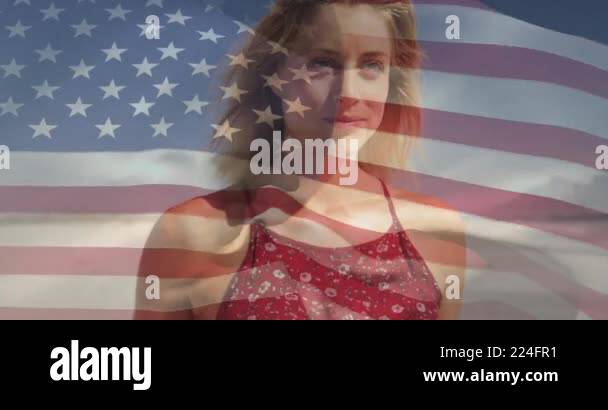 Holding american flag animation, smiling woman outdoors. patriotism ...
