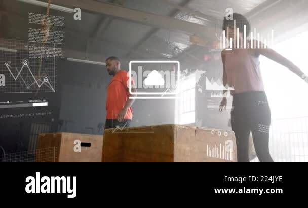 Animation of data processing and diagrams over diverse sports people ...