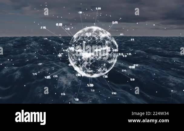 Glowing globe with data points animation over ocean waves. Technology, innovation, global ...