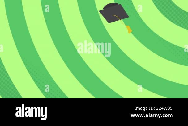 Graduation caps with tassels animation over green spiral background ...