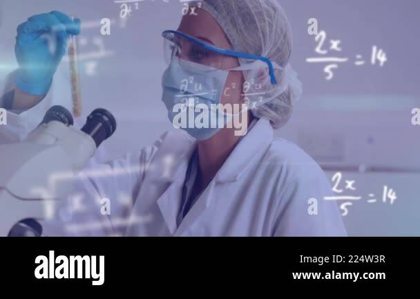 Animation of mathematical equations over caucasian female scientist ...