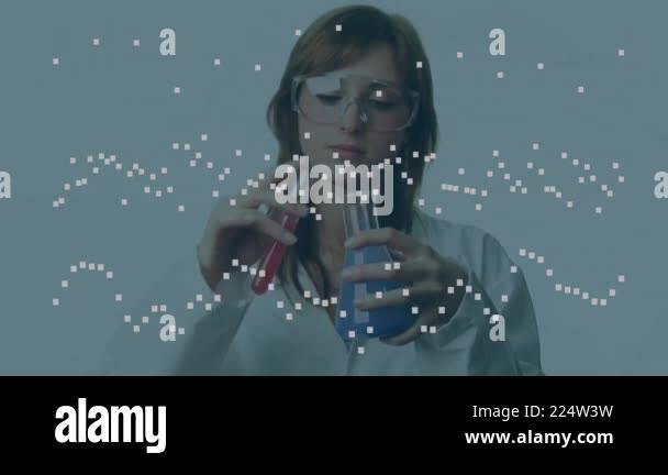 Scientist mixing chemicals in lab with data processing animation over ...