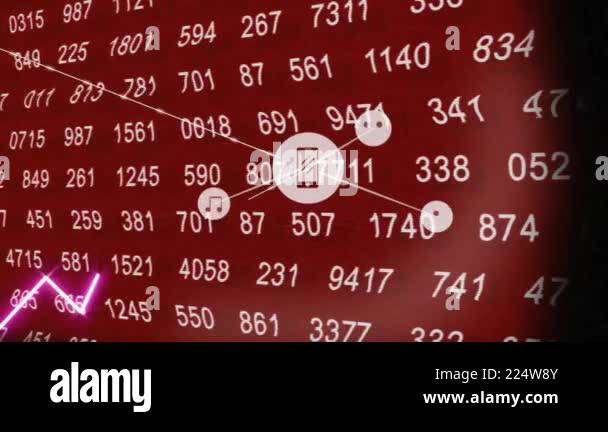 Financial data and digital icons animation over red background with ...