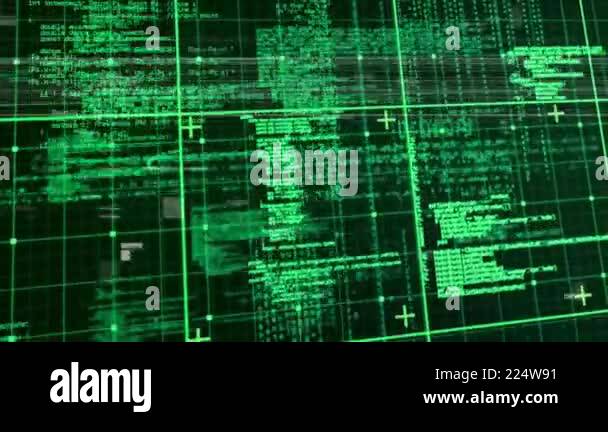 Green coding and data processing animation over grid background. Tech, innovation, abstract ...