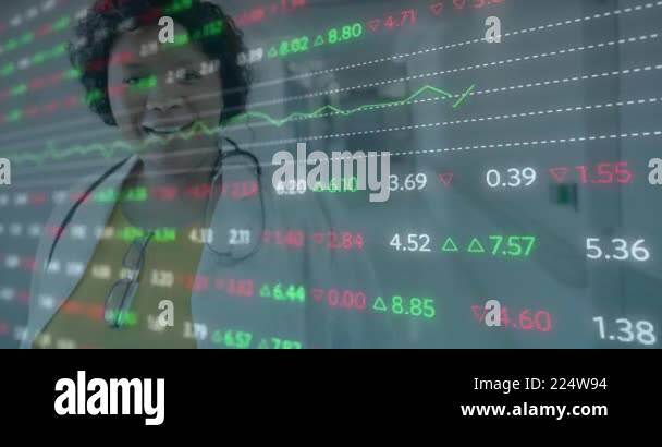 Stock market data animation over smiling healthcare professional in ...