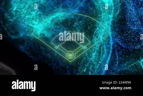 Baseball field diagram animation over blue and black digital particles ...