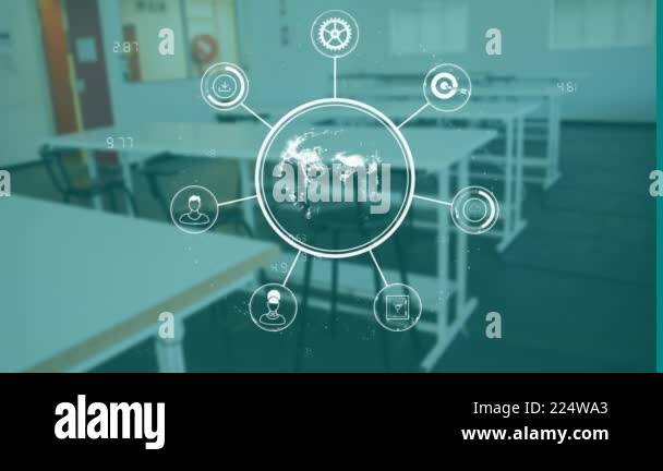 Animating interconnected icons over empty classroom background ...
