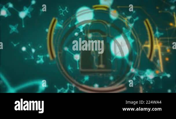 Lock symbol animation over abstract digital background with molecular ...