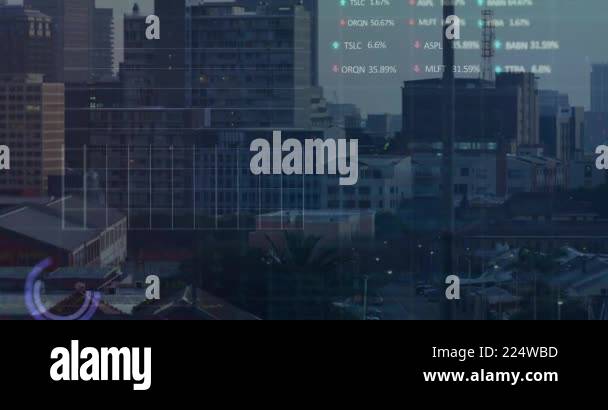 Stock market data animation over cityscape with buildings and ...