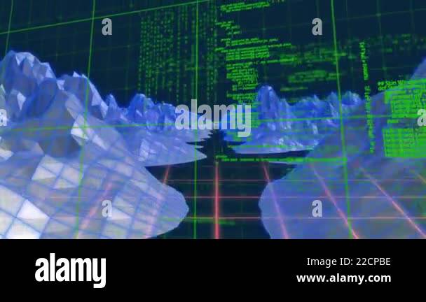 Animation of data processing over digital mountains on black background ...