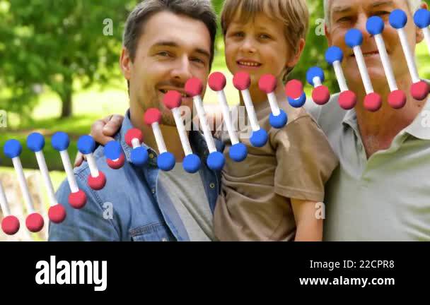 Animation of dna strand over happy caucasian grandfather, father and ...