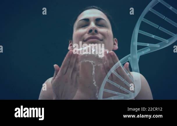 Animation of caucasian woman sprinking with water and dna strand ...