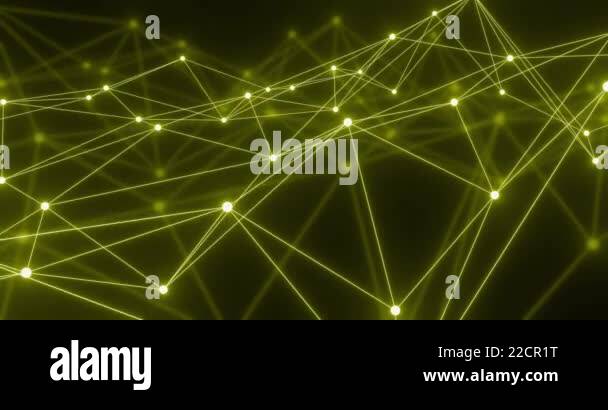 Glowing yellow network connections and nodes animation over dark ...