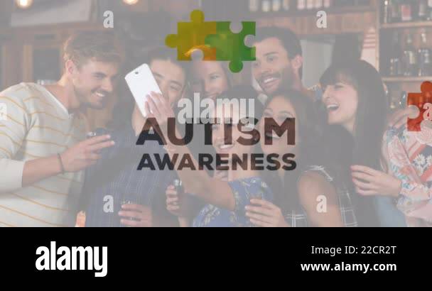Animation of puzzles and autism awareness month text over happy diverse ...