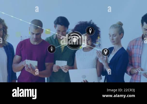 Network of connections and data processing animation over diverse ...