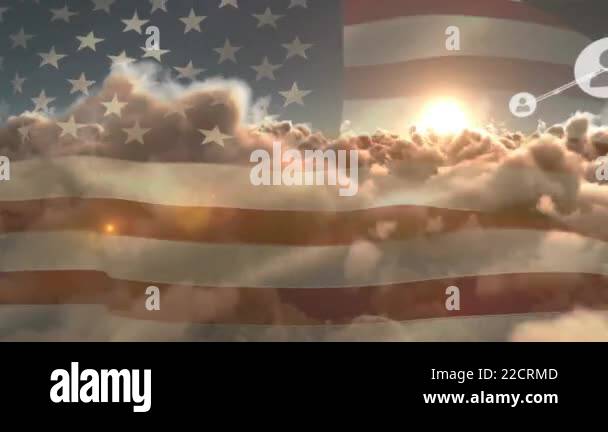 American flag and network connections animation over clouds and ...