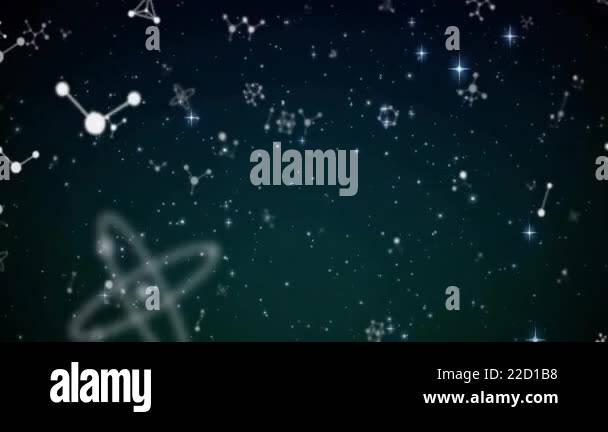 Molecular structures and atomic models animation over starry night sky ...